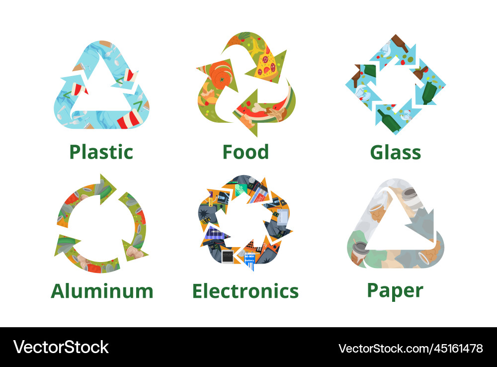 Waste recycling emblem set flat ecology Royalty Free Vector
