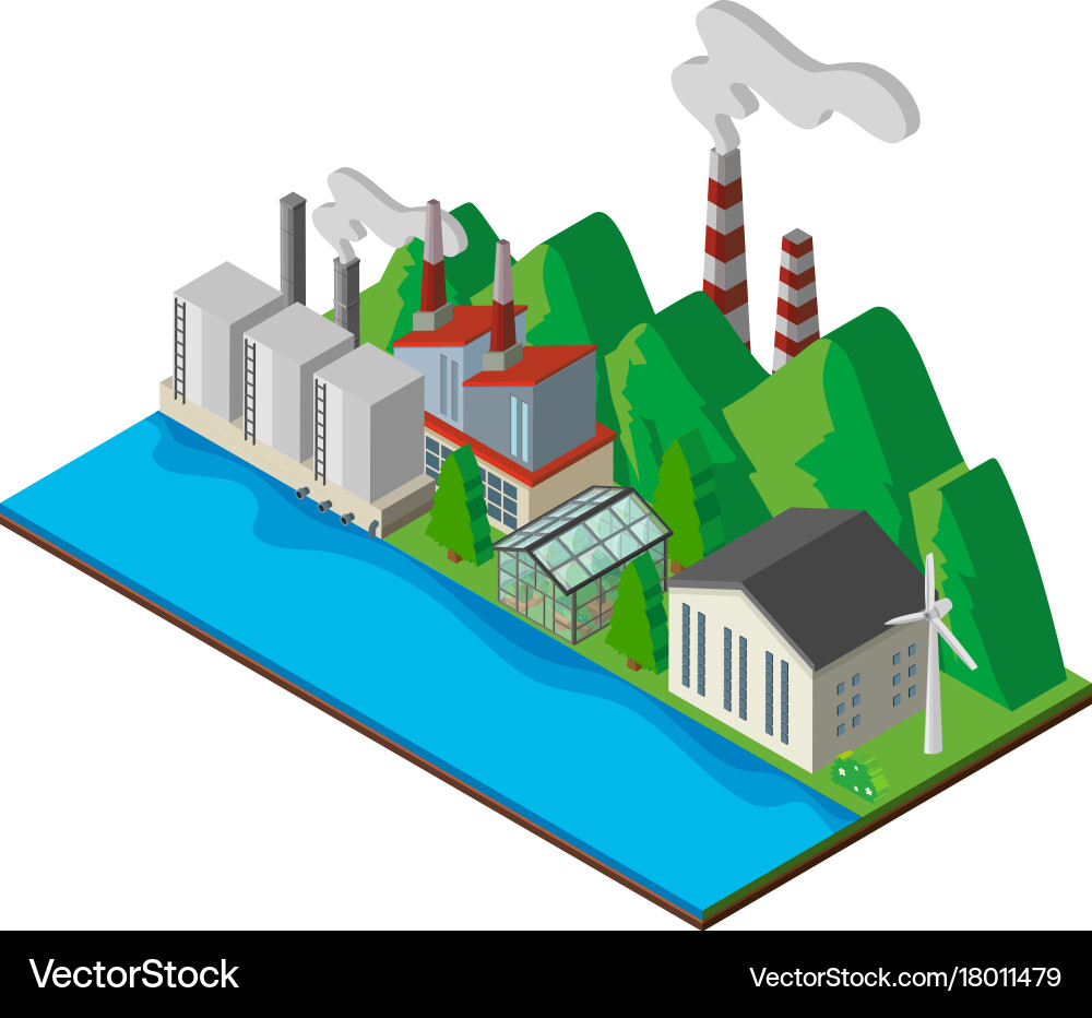 Factory buildings by the river in 3d design Vector Image