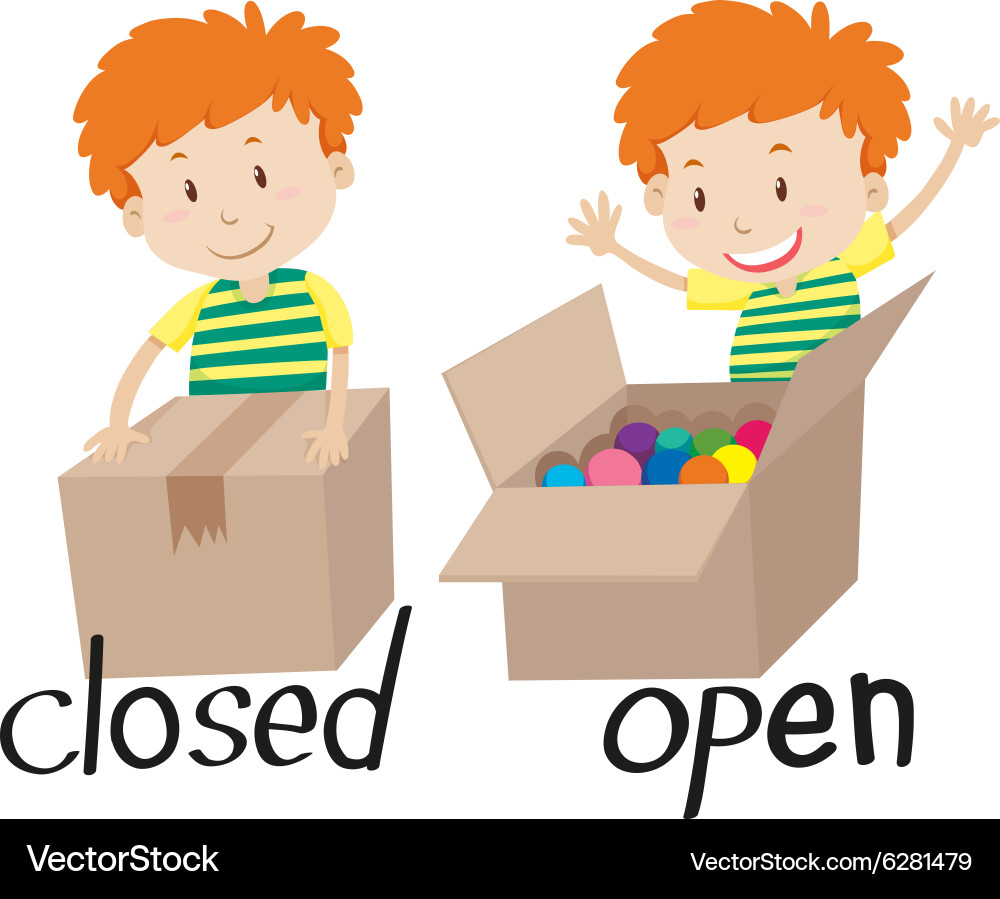 Opposite adjective closed and opened Royalty Free Vector