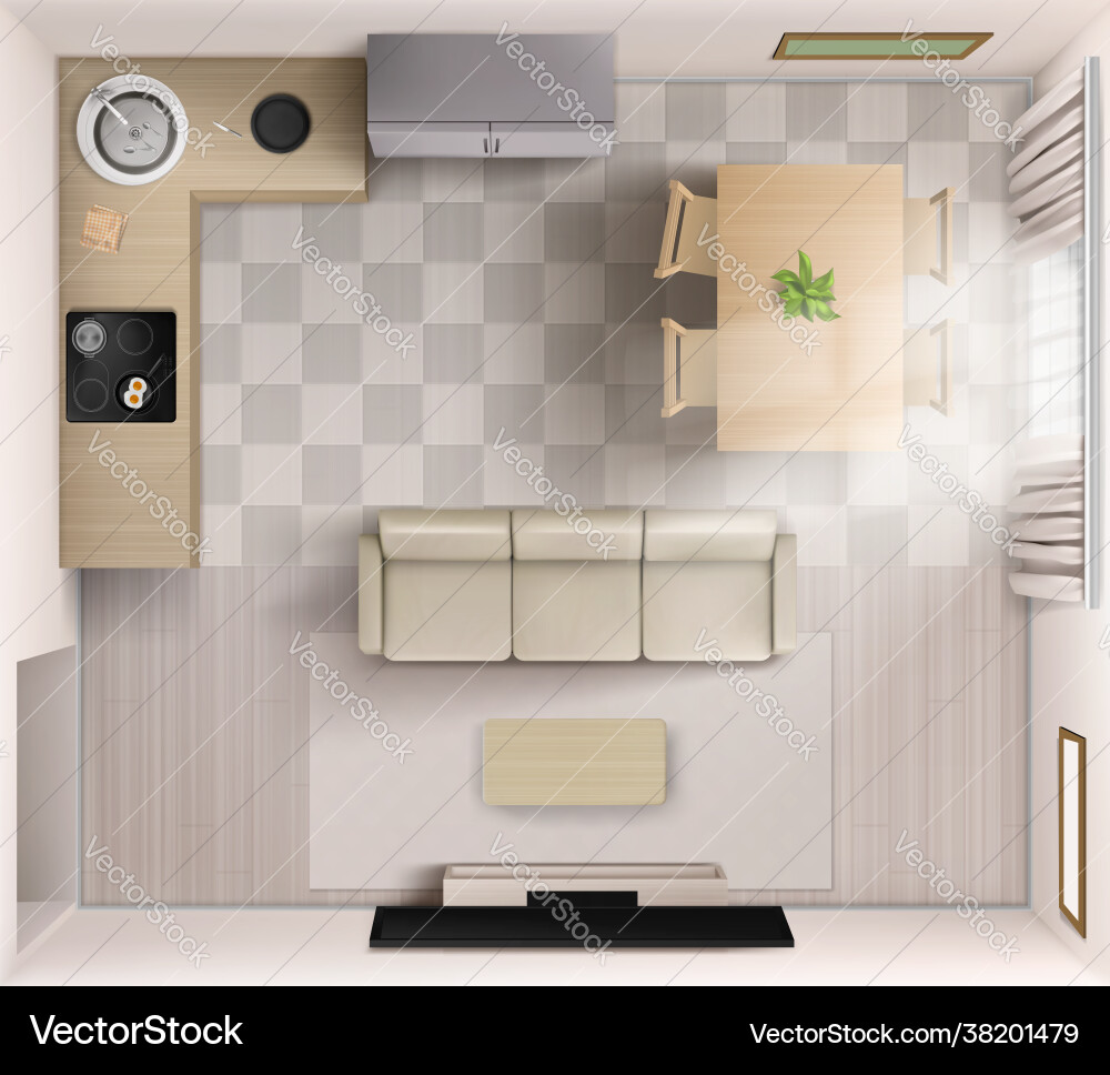 Studio room interior top view sofa tv and table Vector Image