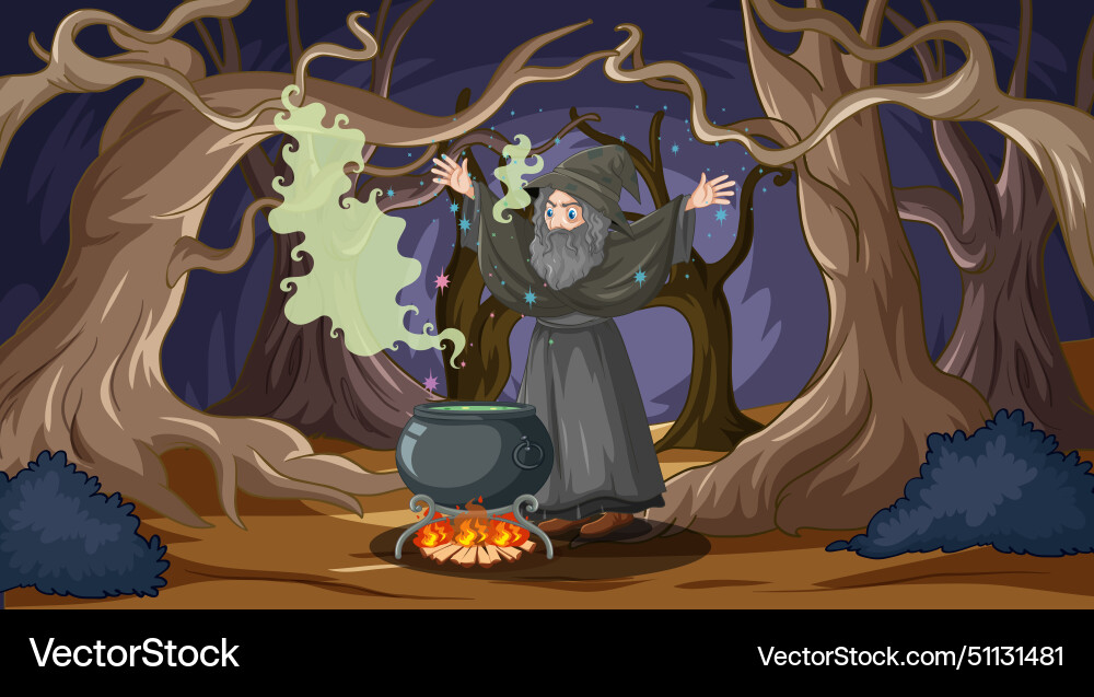 A wizard brews potion in forest at night Vector Image