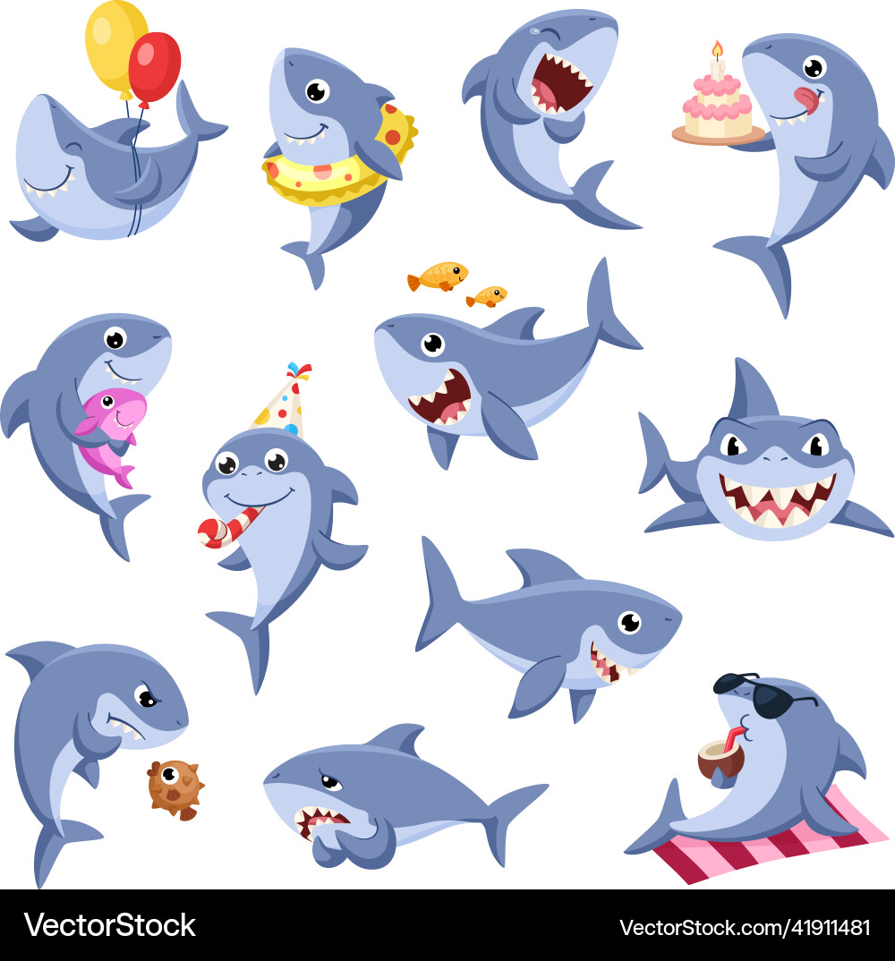 Adorable Cartoon Sharks Set Royalty Free Vector Image