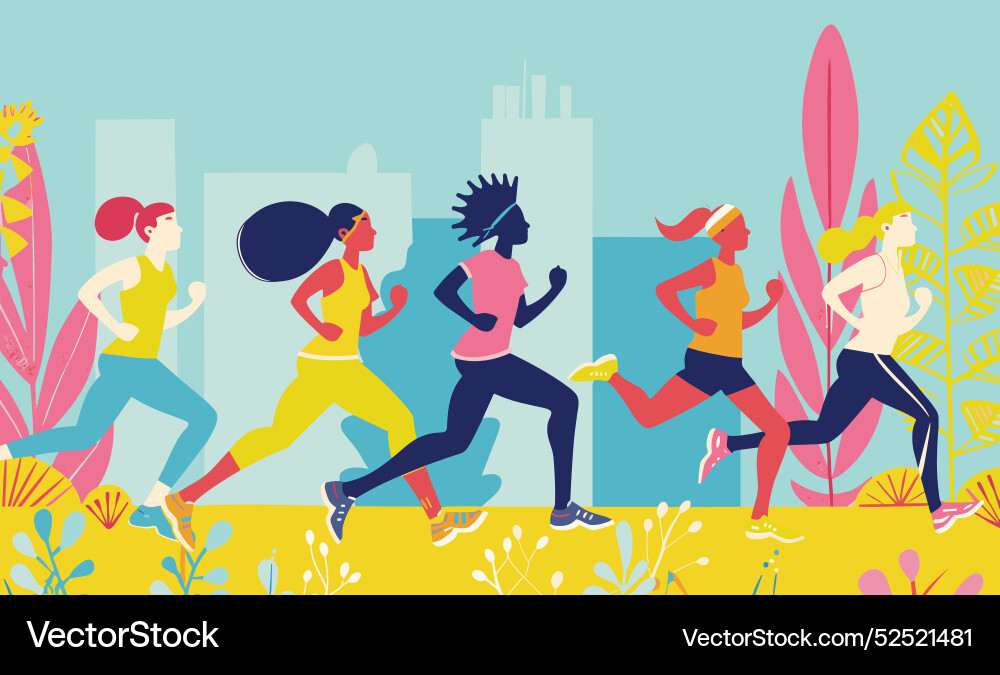 Diverse group female runners jogging through urban