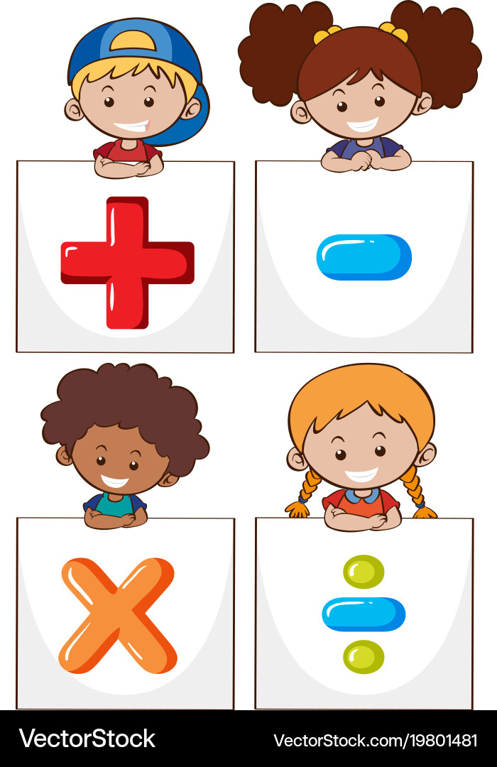 Four kids with different math signs Royalty Free Vector
