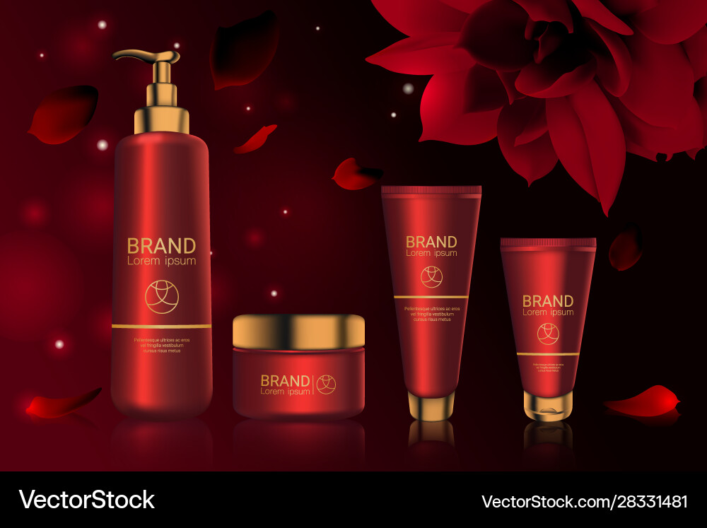 Red cosmetics bottles with logo package mockup Vector Image