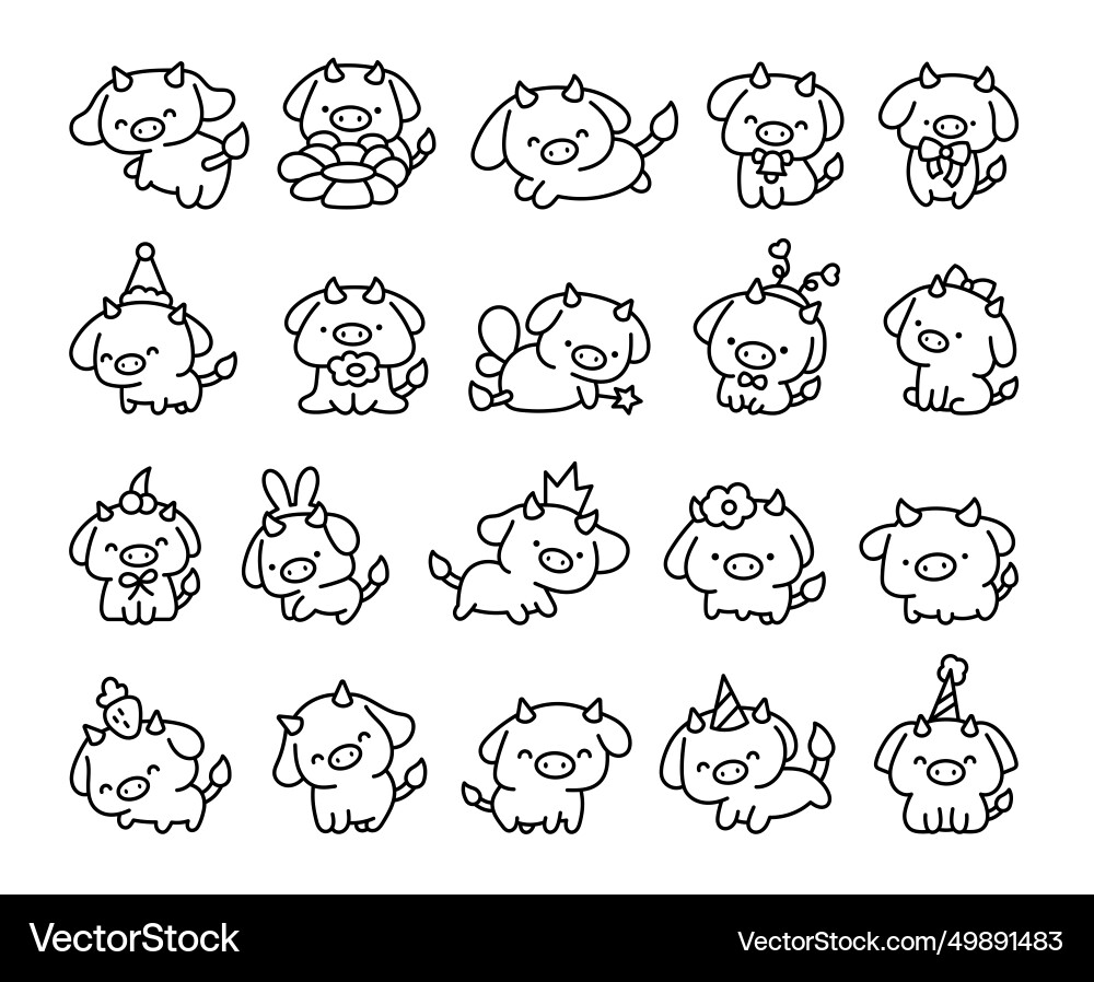 Cute kawaii baby cow coloring page cartoon farm Vector Image