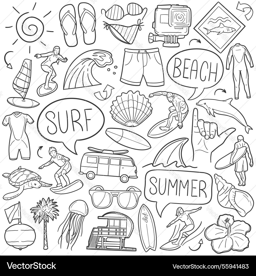 Surf doodle icons line art Royalty Free Vector Image