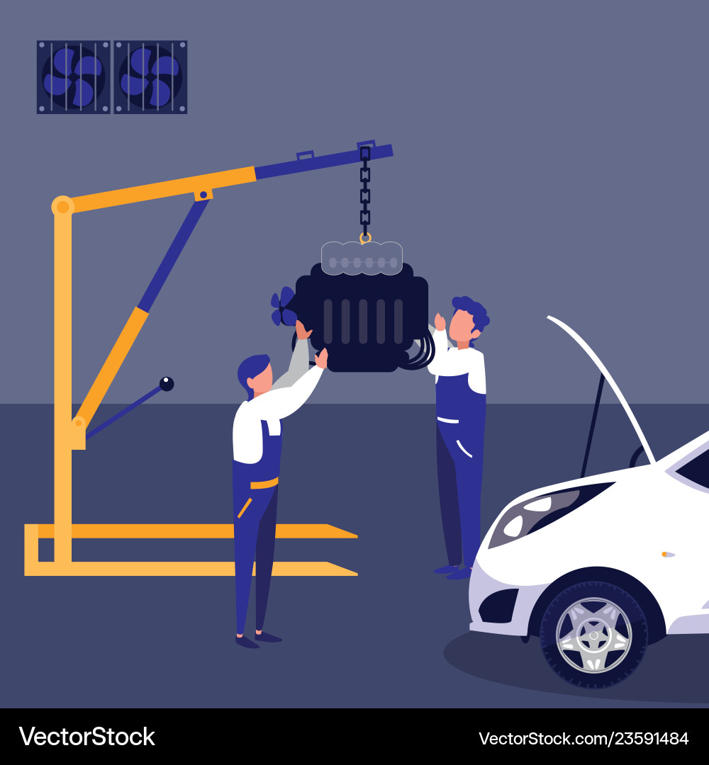 Car in maintenance workshop with mechanics team Vector Image