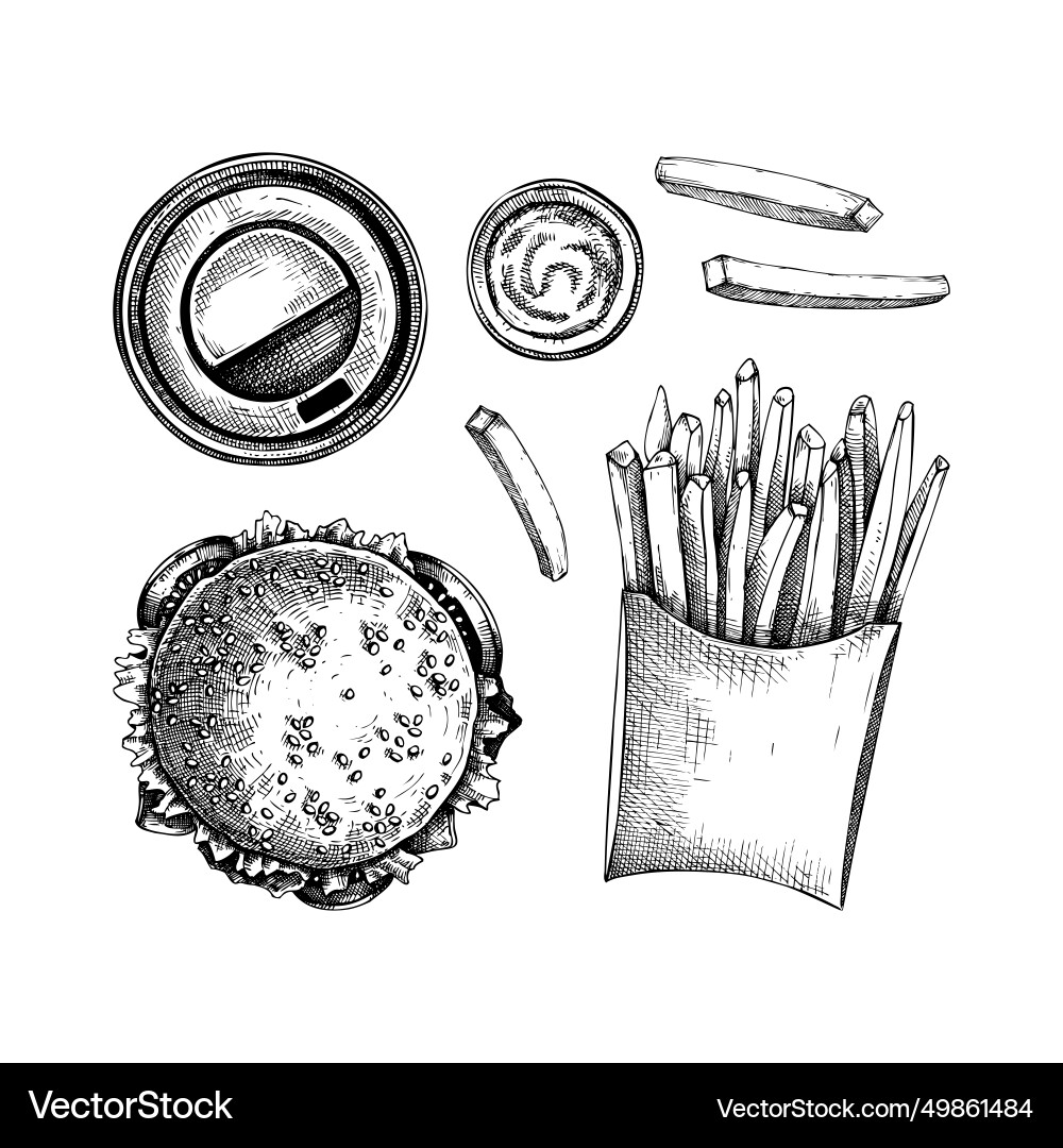 Fast food hand drawn burger coffee cup f Vector Image
