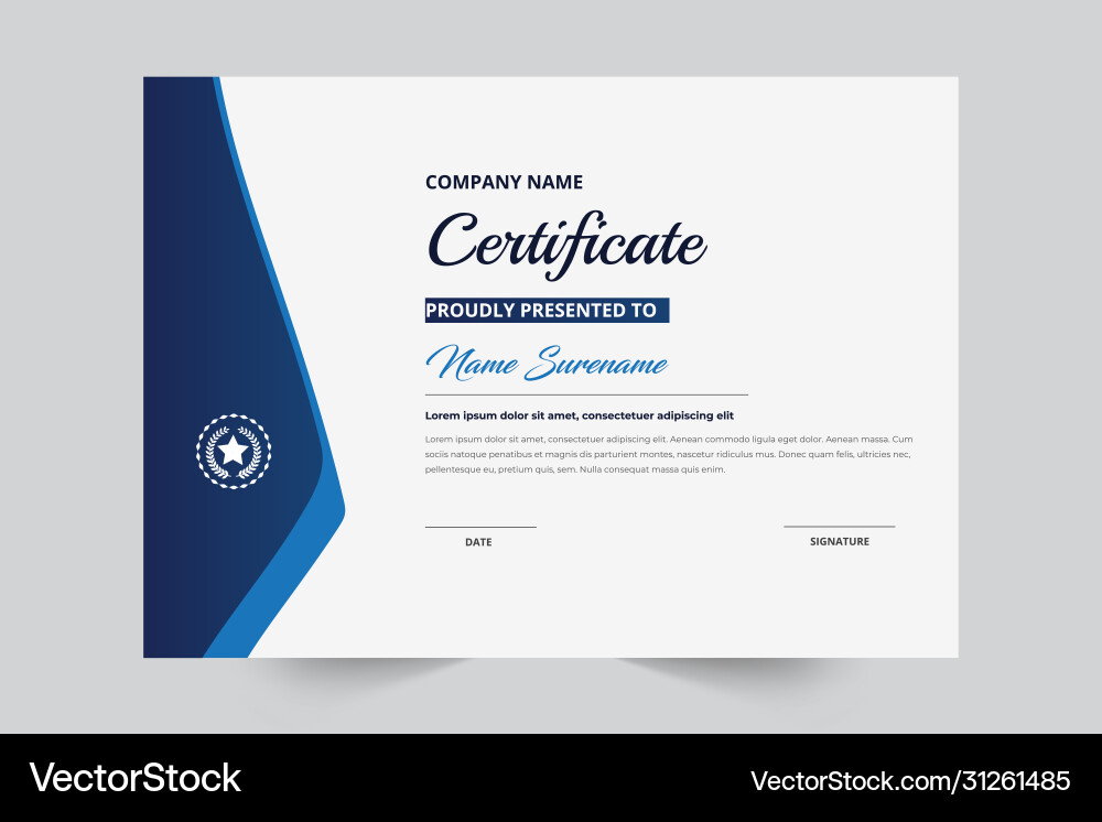 Blue color certificate template with badge Vector Image