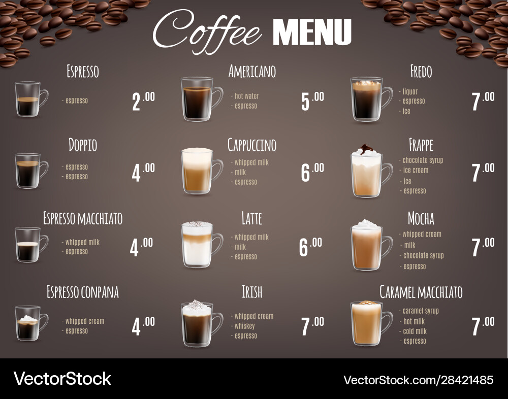Coffee drinks menu price list template Royalty Free Vector