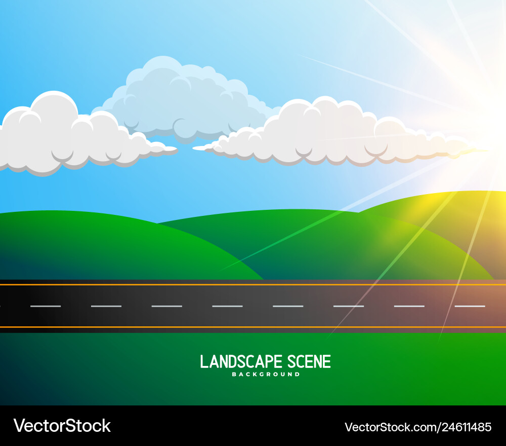 Green cartoon landscape with road background Vector Image