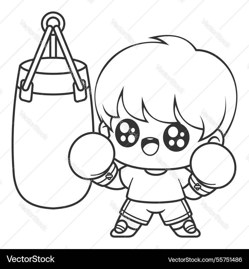 Boy learns boxing with punching bag for coloring Vector Image