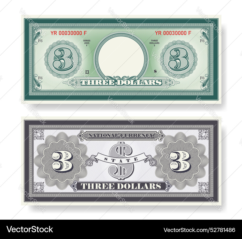 Fictional beautiful banknote of 3 dollars Vector Image