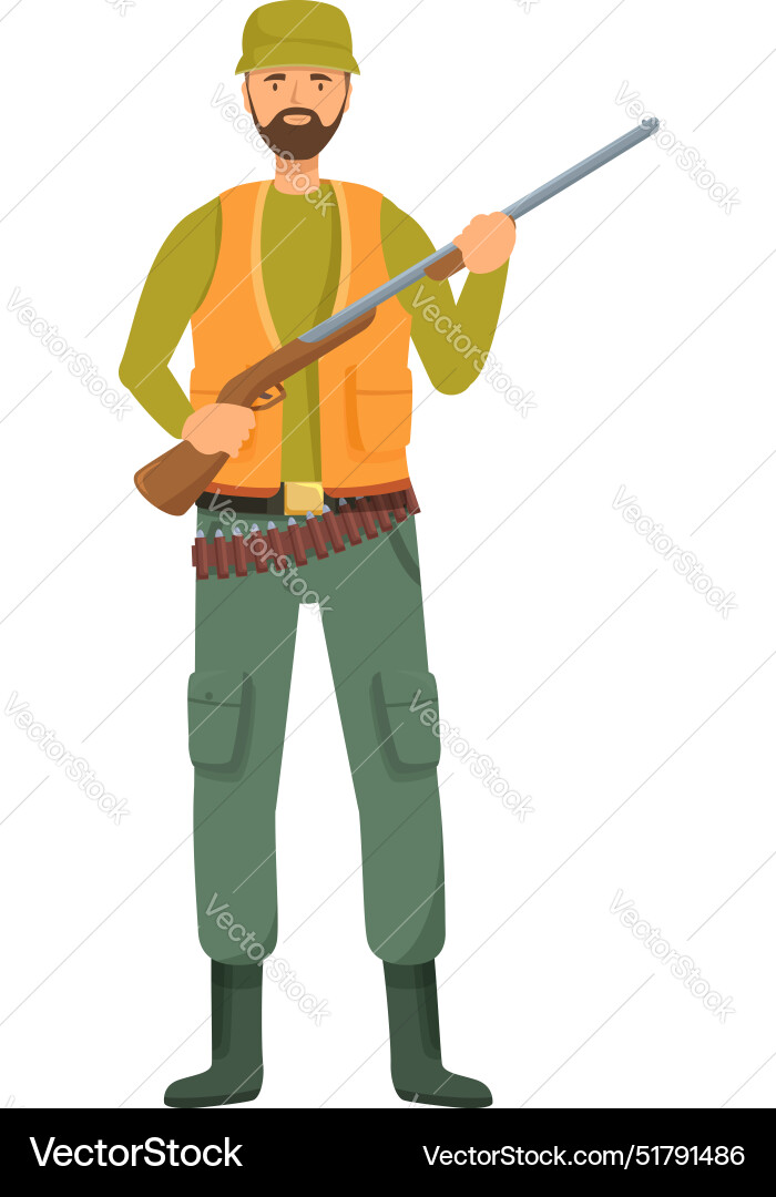 Hunter wearing orange vest holding rifle posing Vector Image