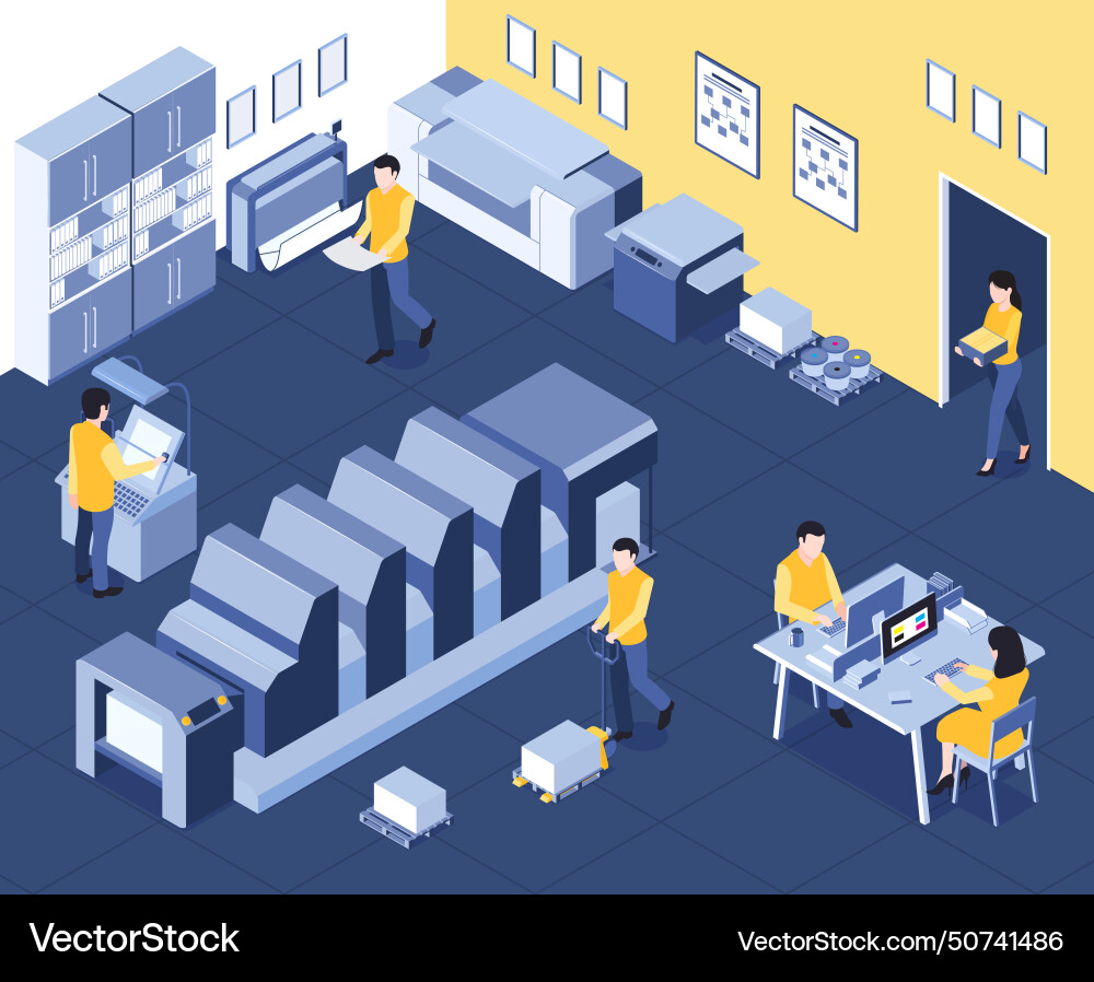 Polygraphy house isometric composition Royalty Free Vector