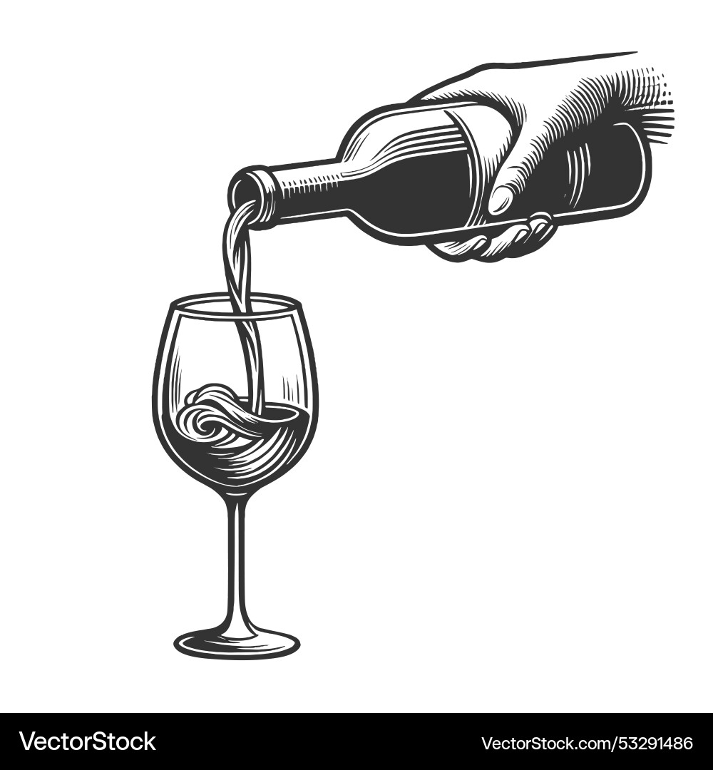 Pouring wine into glass engraving Royalty Free Vector Image