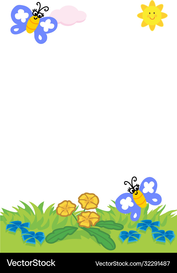Butterfly on grass cartoon frame for kids Vector Image