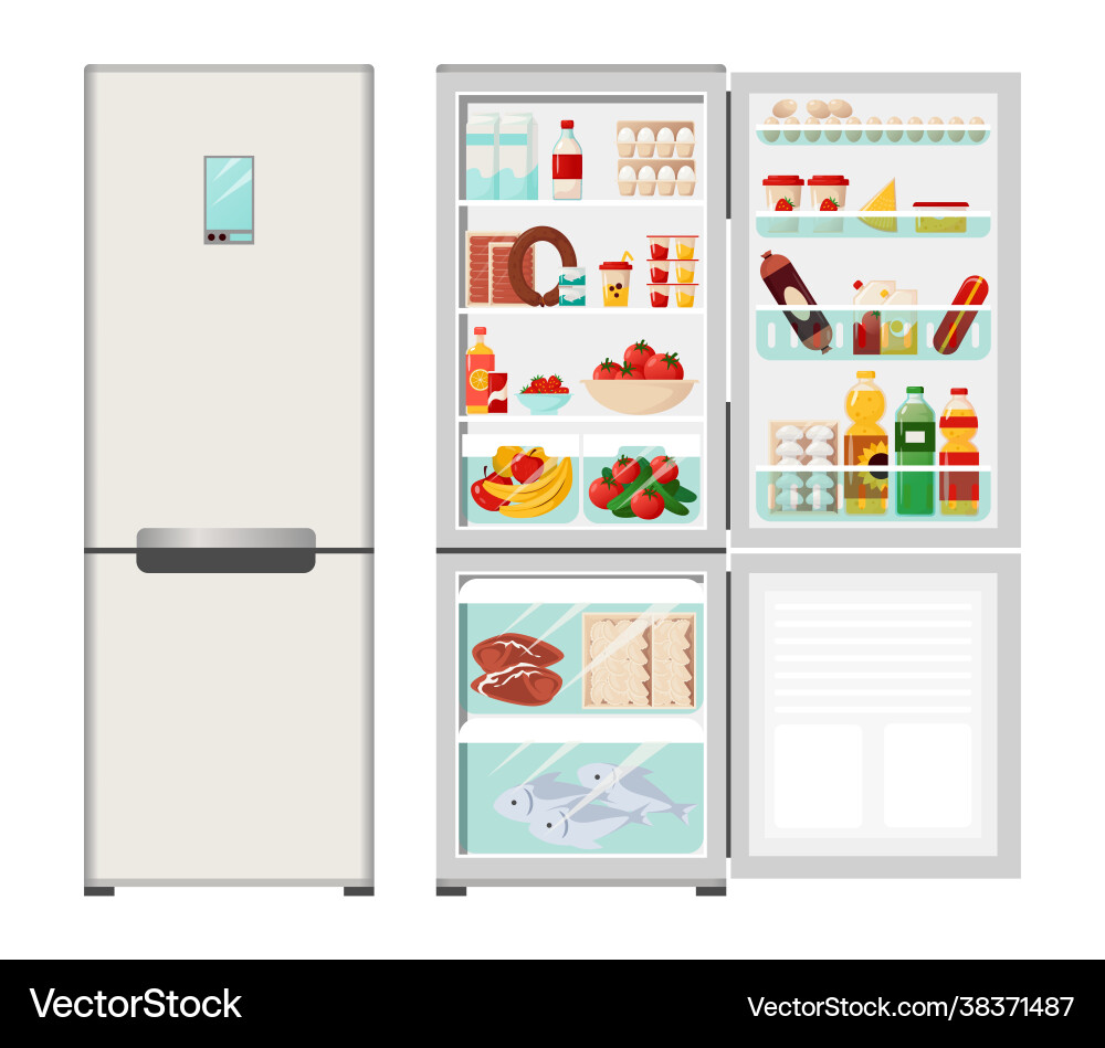 Fridge cartoon opened or closed refrigerator full Vector Image