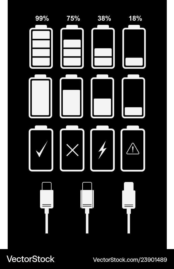Battery indicator icons and charger connector Vector Image