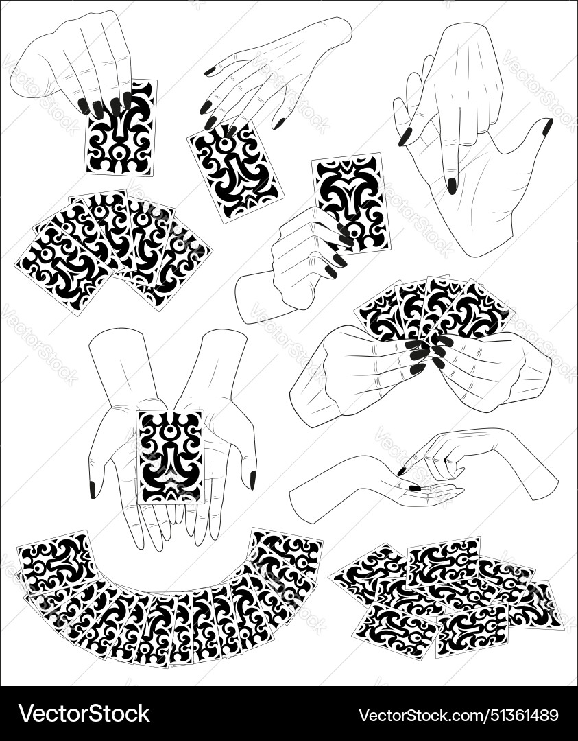 Hand drawn design set with tarot cards in hands Vector Image