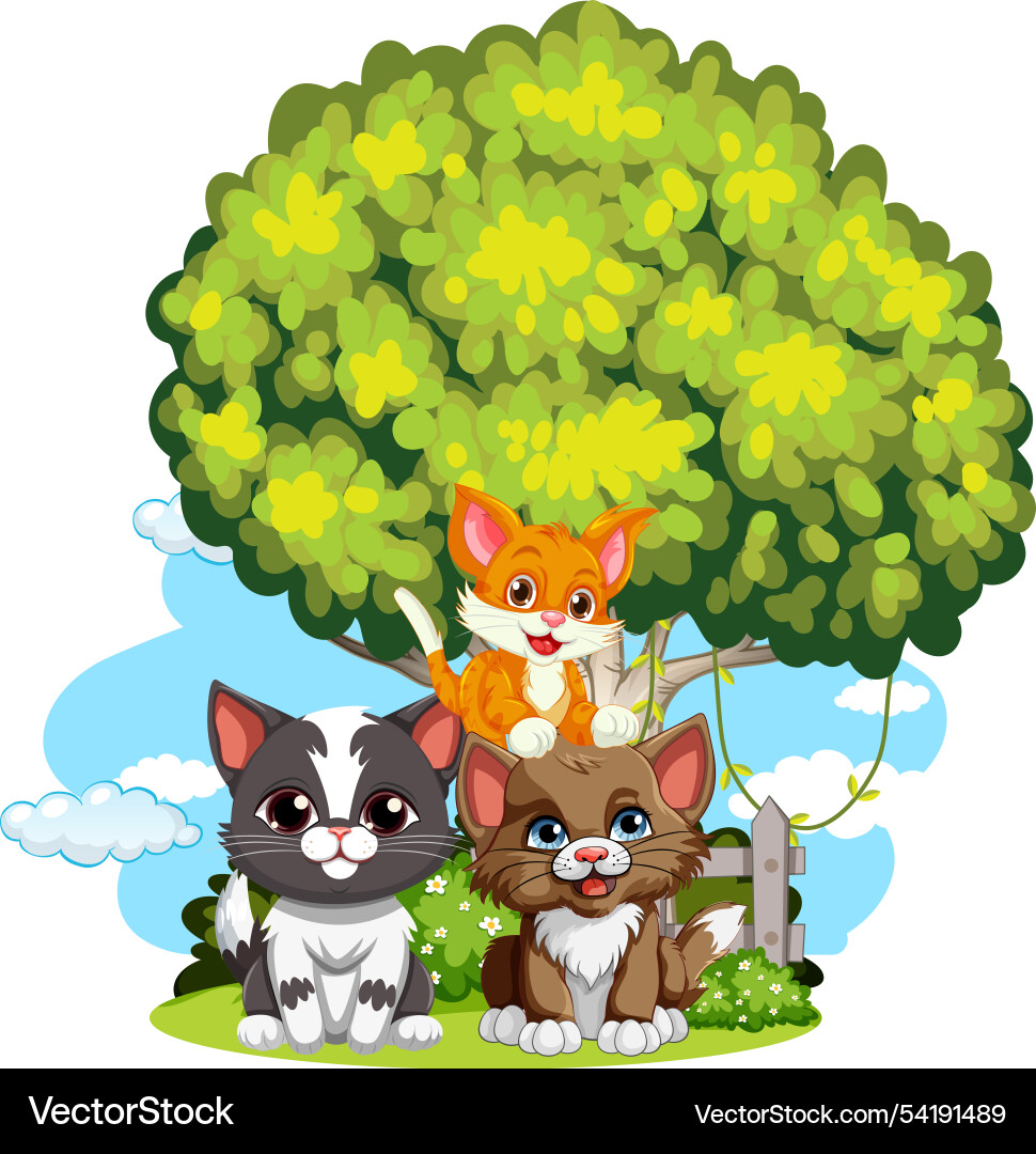 Three cats sitting under a large tree Royalty Free Vector