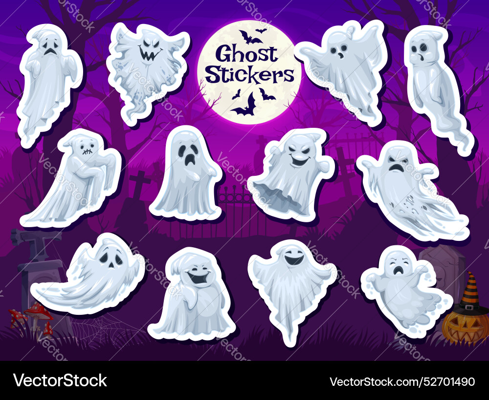 Cartoon halloween ghost characters stickers pack Vector Image