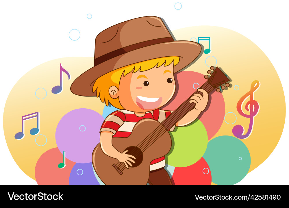 Cute boy playing guitar cartoon Royalty Free Vector Image