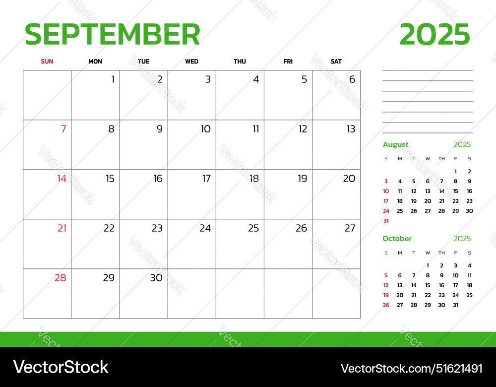 September 2025 calendar week start on sunday Vector Image