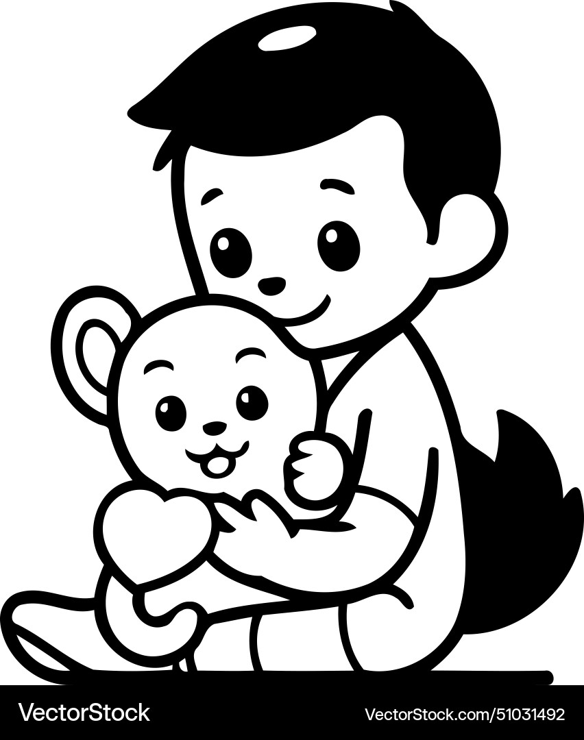 Cute boy playing with teddy bear cartoon Vector Image