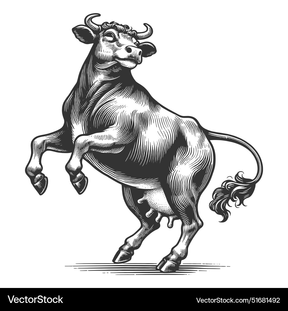 Dancing cow engraving sketch Royalty Free Vector Image