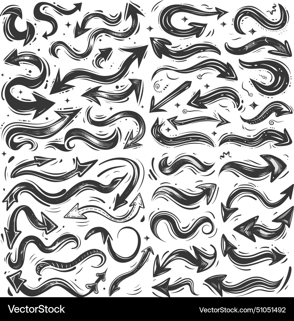 Doodle curved arrows hand drawn sketch curve Vector Image