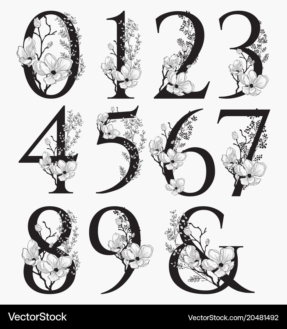 Hand drawn floral numbers monograms Royalty Free Vector