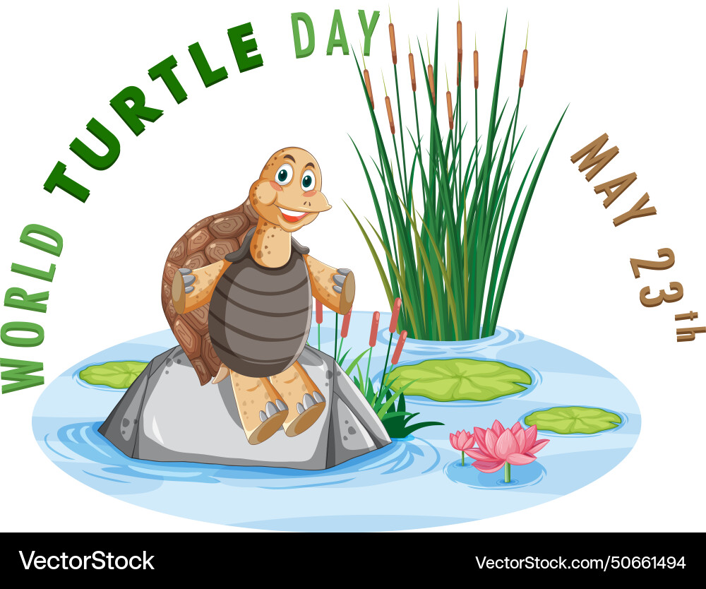 Cheerful turtle on a rock celebrating world Vector Image