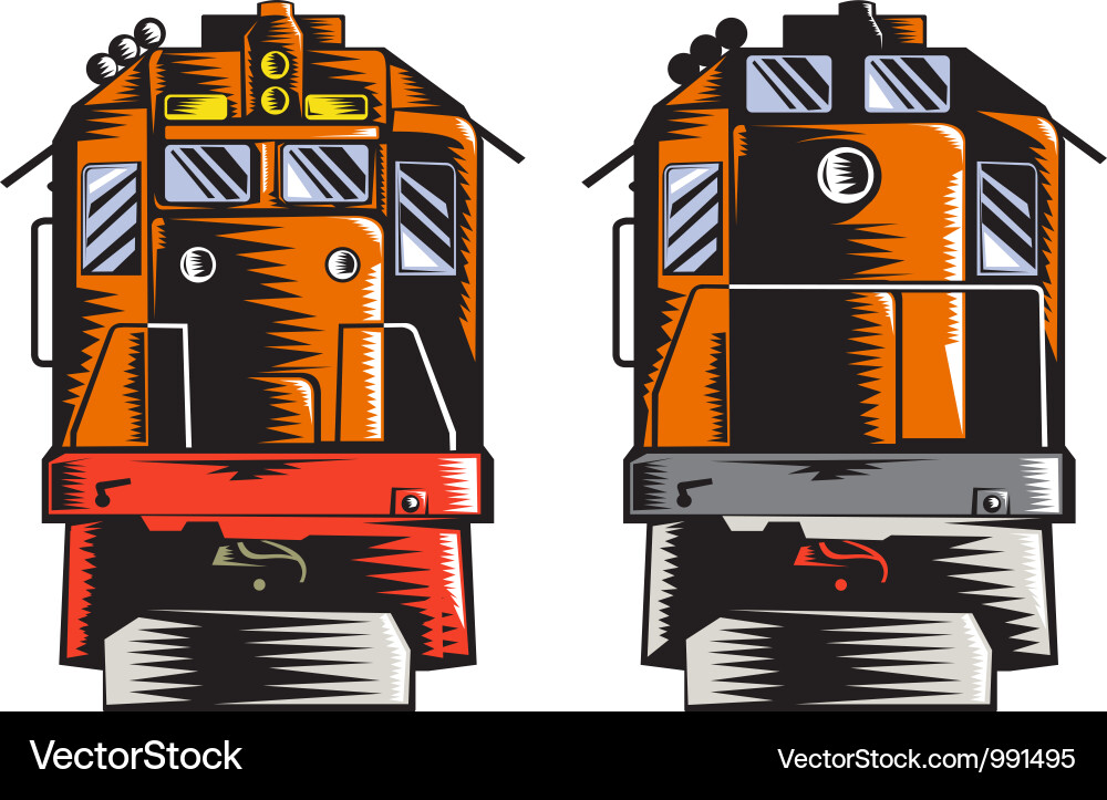 Diesel train front rear woodcut retro Royalty Free Vector