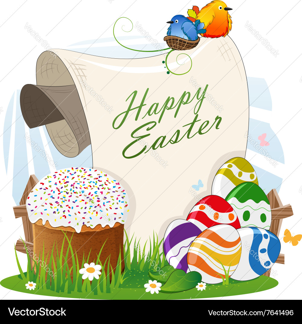 Easter bread and painted eggs with a paper scroll Vector Image
