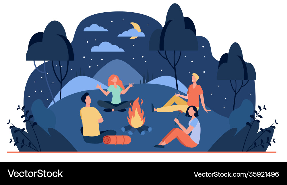 Happy friends sitting near campfire at summer Vector Image