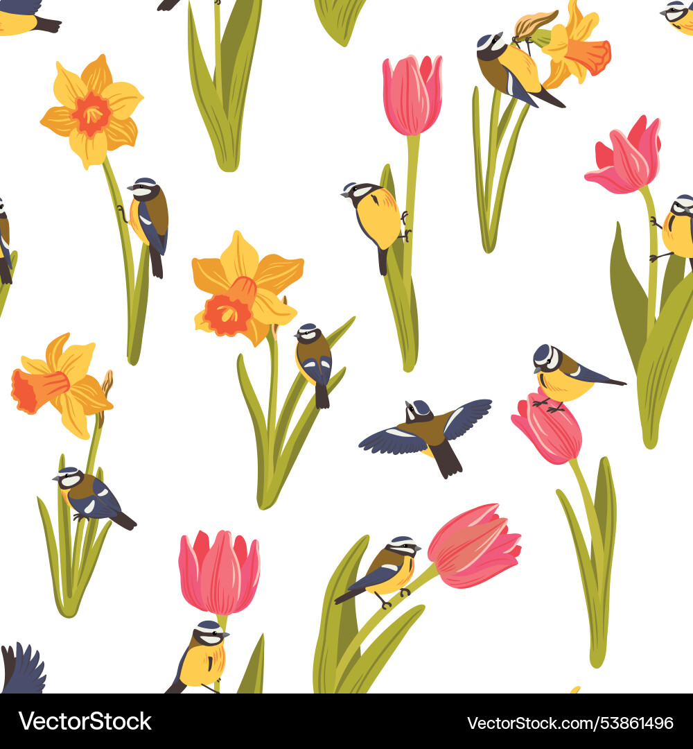 Seamless pattern withflowers and birds Royalty Free Vector