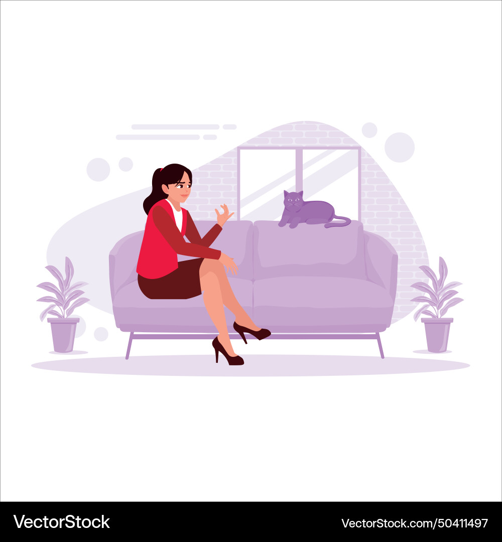 Female worker is relaxing on the sofa and playing Vector Image