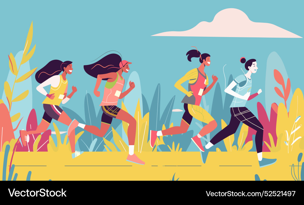 Four diverse runners jogging through colorful Vector Image