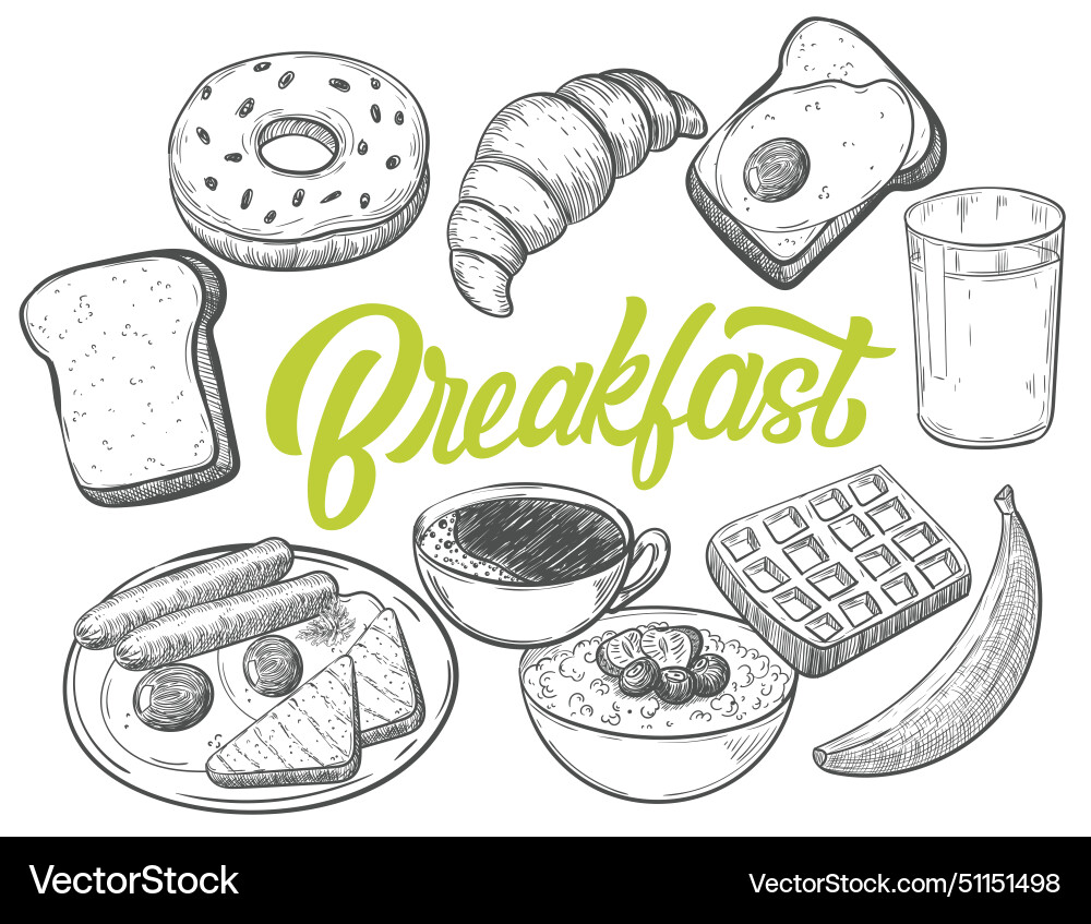Hand drawn breakfast food with custom lettering Vector Image