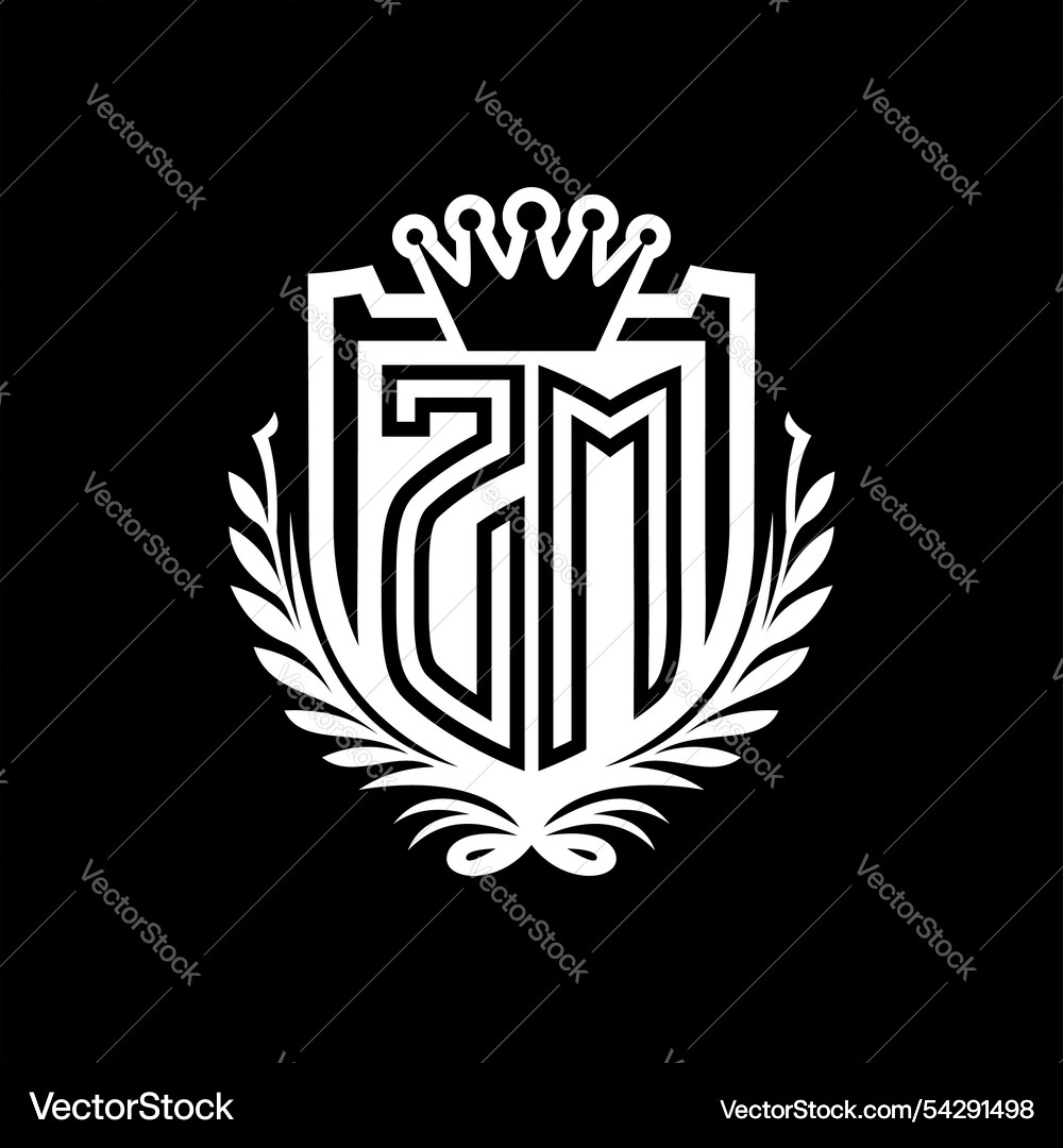 Zm letter logo heraldic shield shape with crown Vector Image
