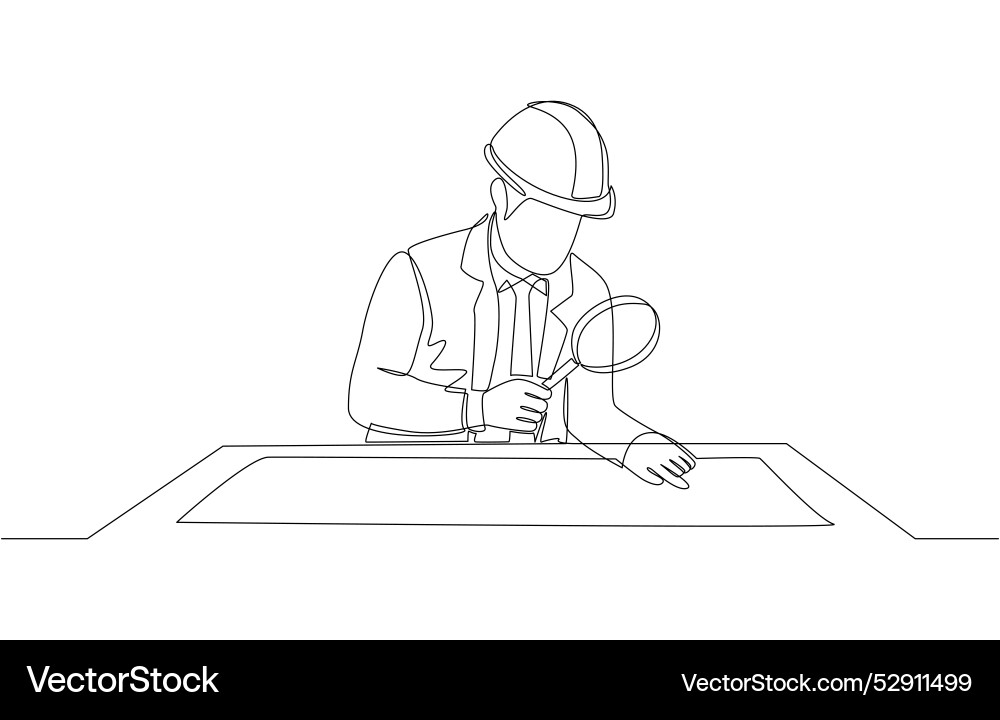 Engineer using magnifer to look at blueprint Vector Image