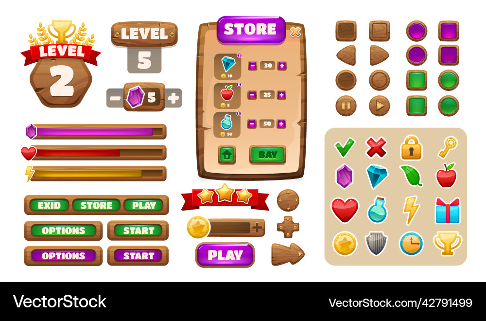 Game ui asset cartoon wooden menu interface Vector Image