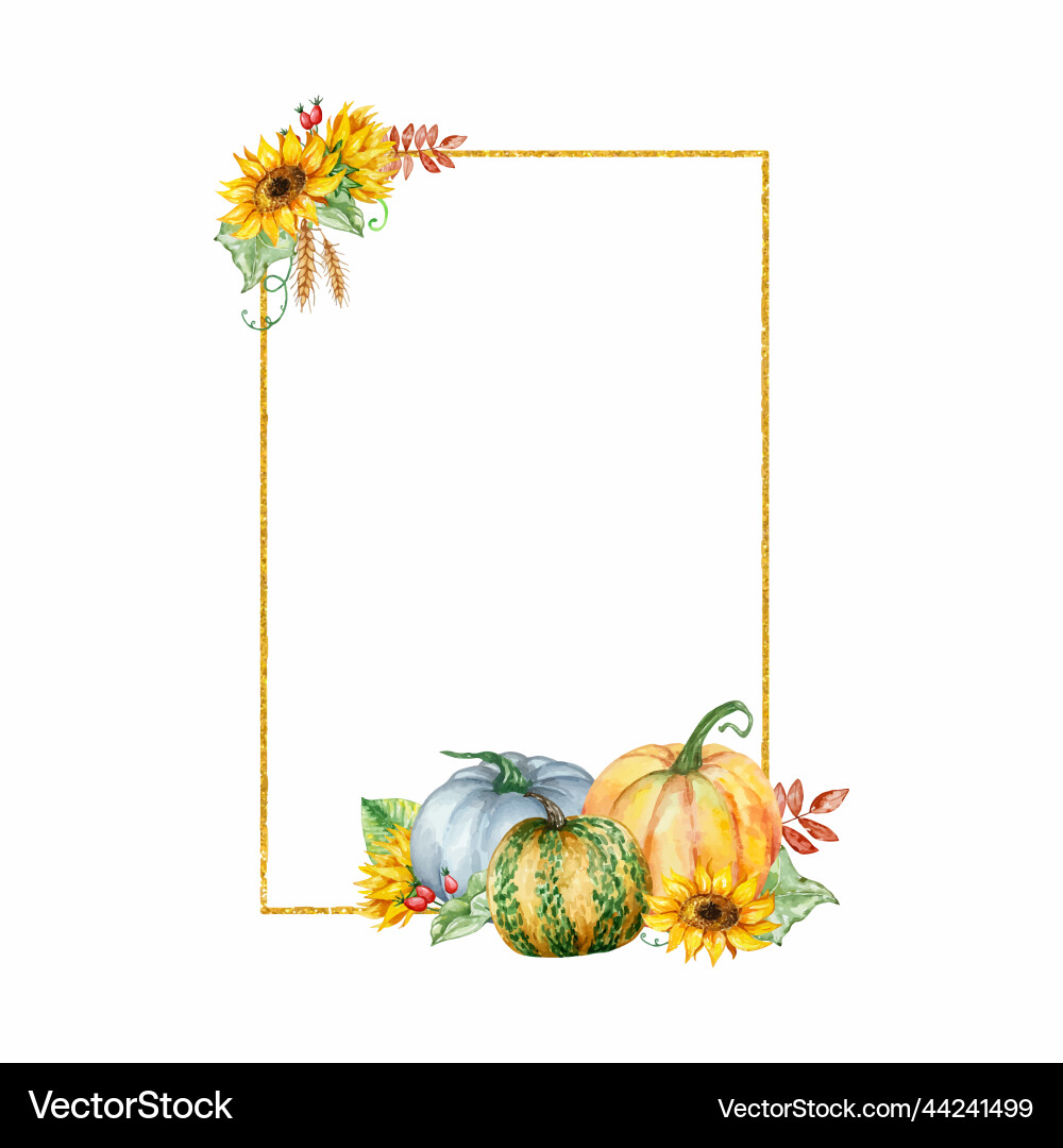 Golden rectangular frame with watercolor pumpkins Vector Image