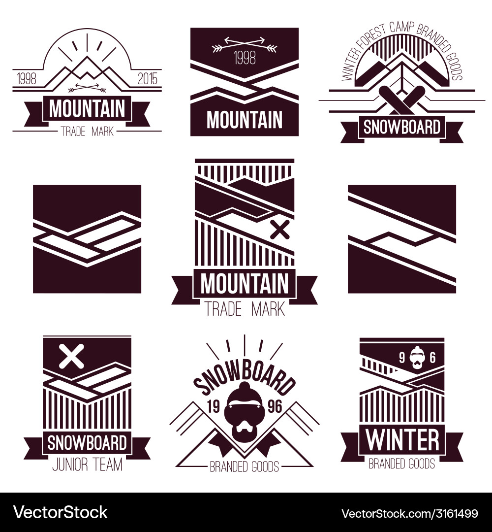 Snowboard and mountains emblems Royalty Free Vector Image
