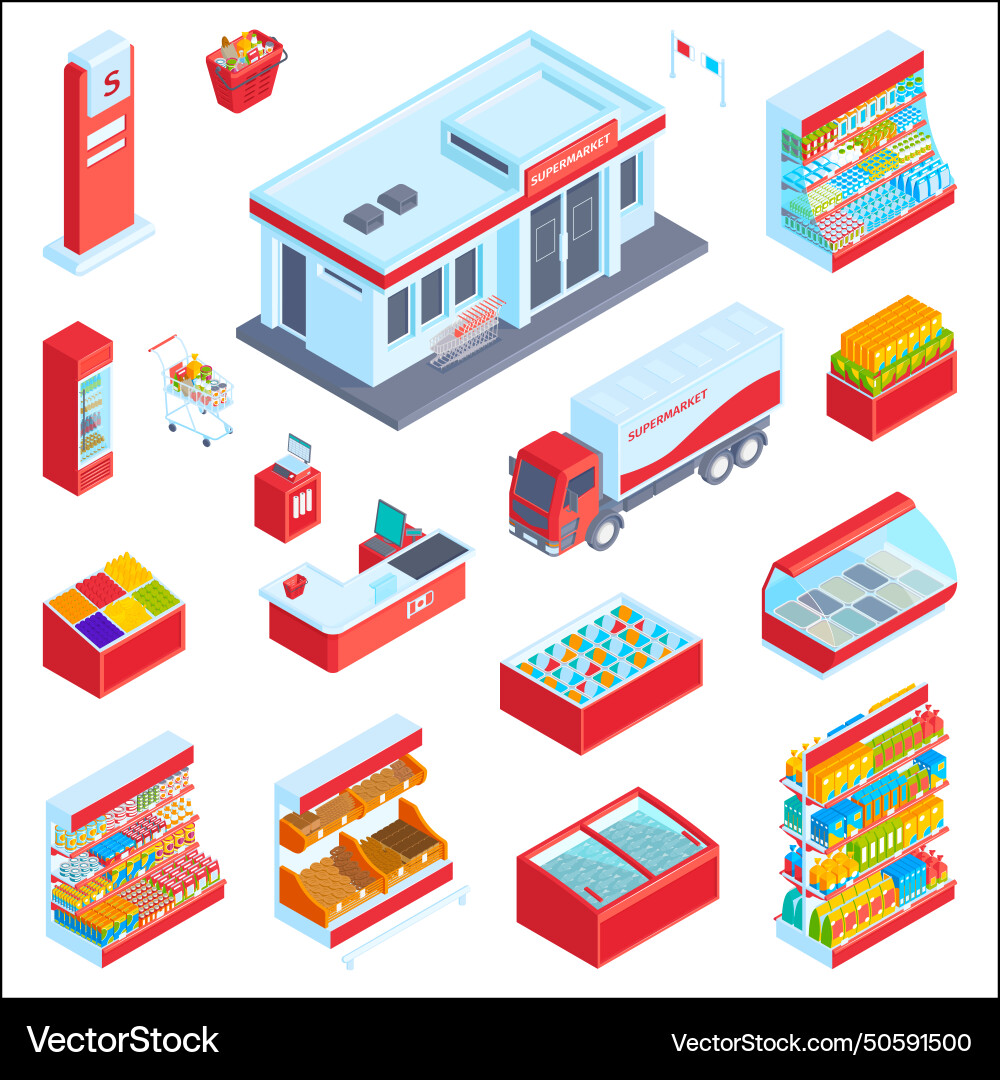Supermarket isometric elements set Royalty Free Vector Image