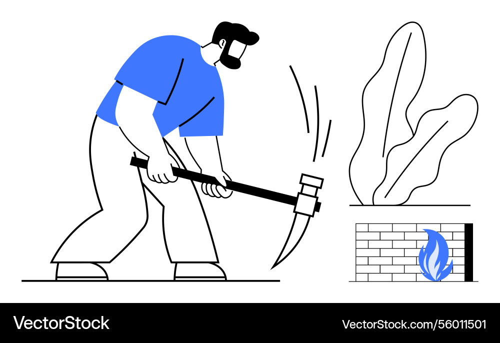 Man using a pickaxe to break through brick wall Vector Image