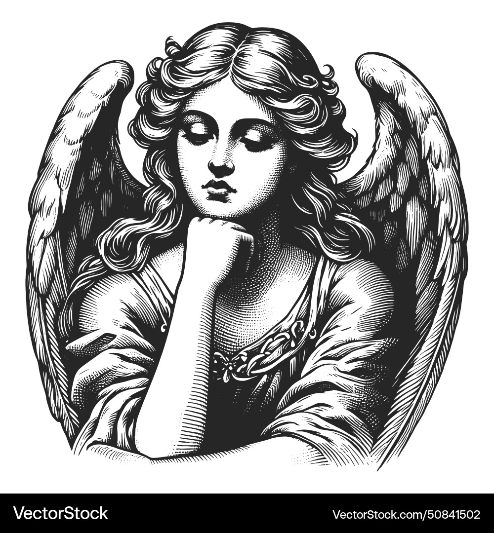 Pensive bored angel sketch Royalty Free Vector Image