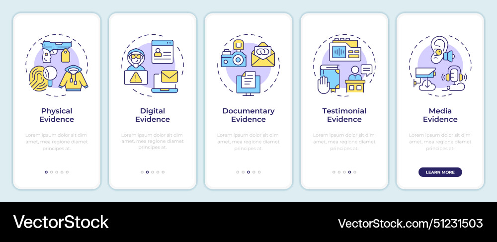 Evidence types onboarding mobile app screen Vector Image